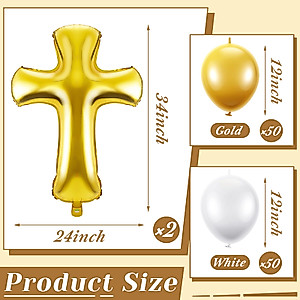 102 Pieces 12 Inch Latex Link Balloons and 34 Inch Gold Cross Balloon Needle Tail Balloons Quick Connect Balloons Jumbo Baptism Balloons Foil Party Balloons for First Communion Baby Shower Decoration