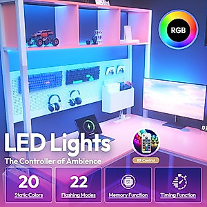 Dowinx L Shaped Gaming Desk with Pegboard and Removable Filing Cabinet, Reversible 67” Computer Gaming Desk with Power Outlet and Led, Office Corner Desk with Storage for Home Game, Pink