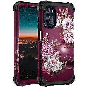 Hocase for Moto G 5G 2022 Case, Shockproof Heavy Duty Protection Soft Silicone Rubber Bumper+Hard Plastic Hybrid Protective Case for Motorola Moto G (2022) with 6.5" Display - Burgundy Flowers