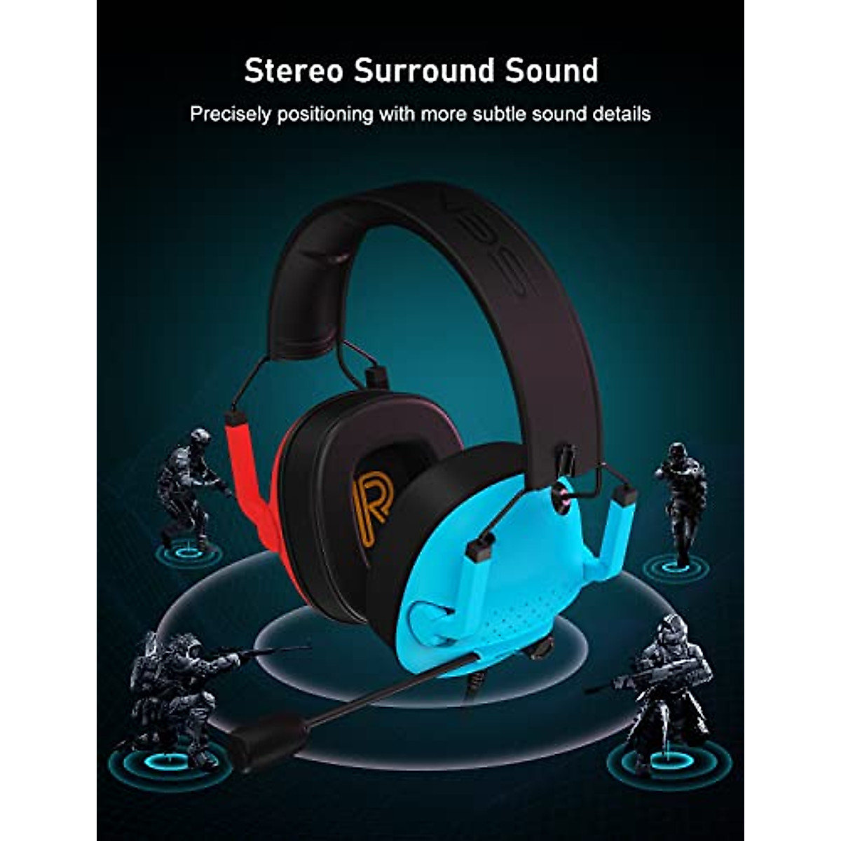 SENZER SG500 Surround Sound Pro Gaming Headset with Noise Cancelling Microphone - Detachable Memory Foam Ear Pads - Portable Foldable Headphones for PC, PS4, PS5, Xbox One, Switch - Red&Blue