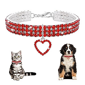 TIESOME Pet Collar with Rhinestones, Adjustable 3 Rows Crystal Diamond Cat Dog Collar Elastic Pet Necklace Pendant for Wedding Small Pet Necklace Jewelry (Red)