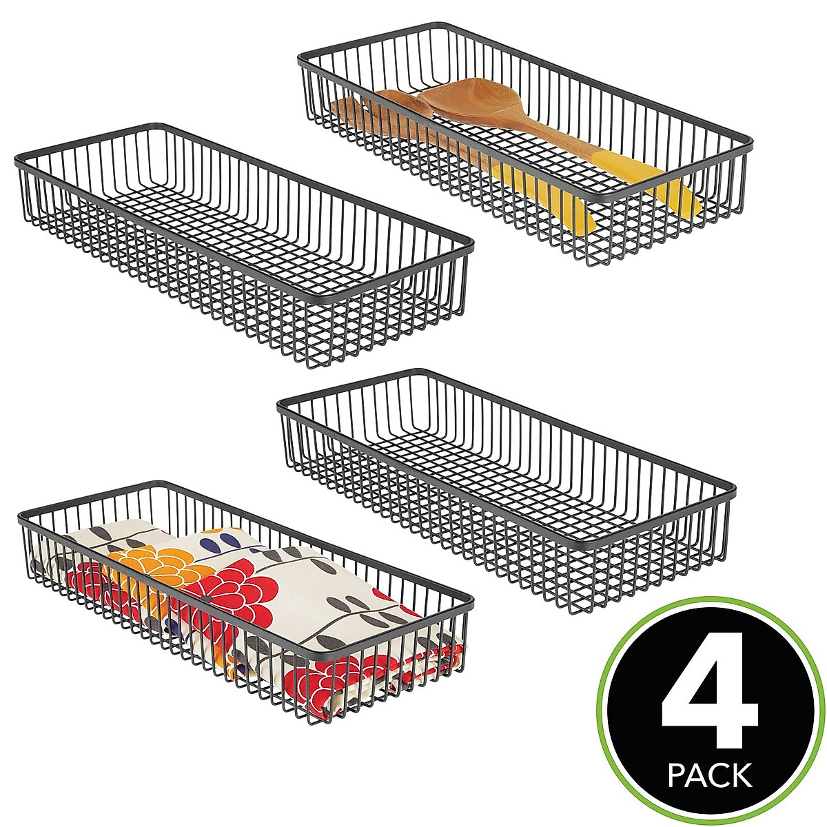 mDesign Metal Farmhouse Kitchen Cabinet Drawer Organizer Basket Tray, Shallow Storage Bin for Cutlery, Serving Spoons, Cooking Utensils, Appliances, Gadgets, Unity Collection, 15" Long, 4 Pack, Black