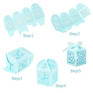 Lucky Monet 25/50/100PCS Love Heart Laser Cut Wedding Candy Gift Box Chocolate Box for Wedding Favor Birthday Party Bridal Shower with Ribbon (100pcs, Blue #01)