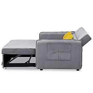 P PURLOVE Sleeper Sofa Bed for Living Room, Modern Velvet Loveseat Couch with 2 Pillows, Multipurpose Sofa Pull Out Bed for Apartment, Bedroom (Gray)