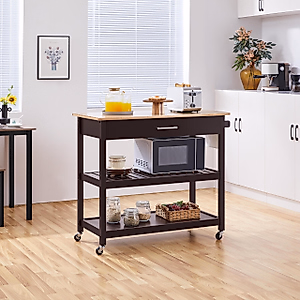 Yaheetech Rolling Kitchen Island Cart, 3 Tiers Microwave Stand Cart Serving Cart on Wheels with Storage Drawer and Shelves 40’’ W Large Countertop, Espresso