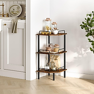 Tajsoon Corner Shelf Stand, 3 Tier Industrial Corner Shelves, Multipurpose Standing Display Shelf, Corner Shelving Unit for Bedroom, Living Room, Office, Kitchen, Rustic Brown