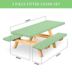 Raweao Picnic Table Cover with Bench Covers - 3 Piece Fitted Picnic Table Cover with Elastic Band and Flannel Backing, Picnic Table Cover for Outdoor, BBQ, Camping (30 X 72 Inch, Green)