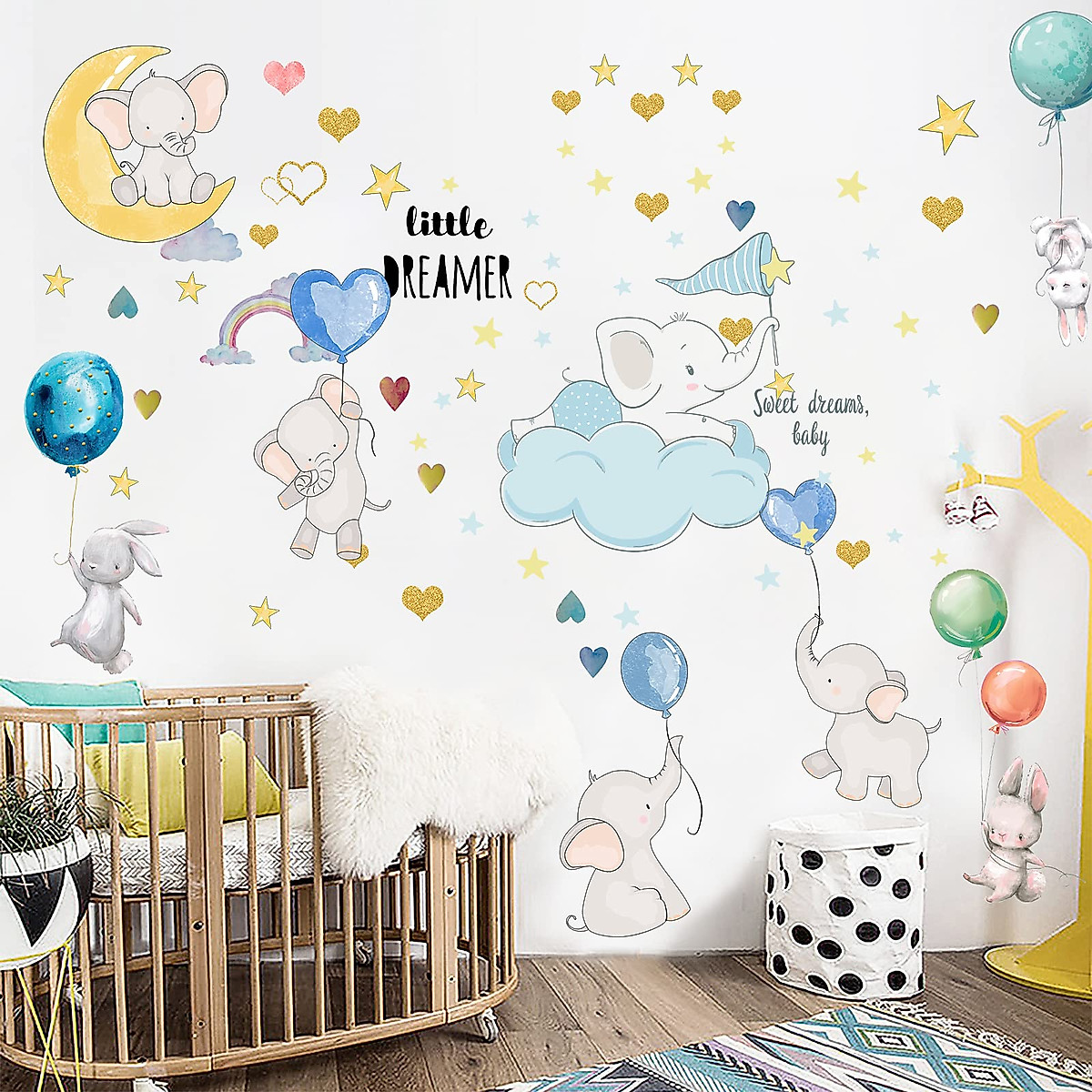 3Sets Cartoon Elephant Rabbit Wall Decals, HOLENGS Cute Balloons Flying Animals Wall Stickers, Stars Removable DIY Wall Decor for Kids Girls Baby Bedroom Classroom Nursery Home Decoration
