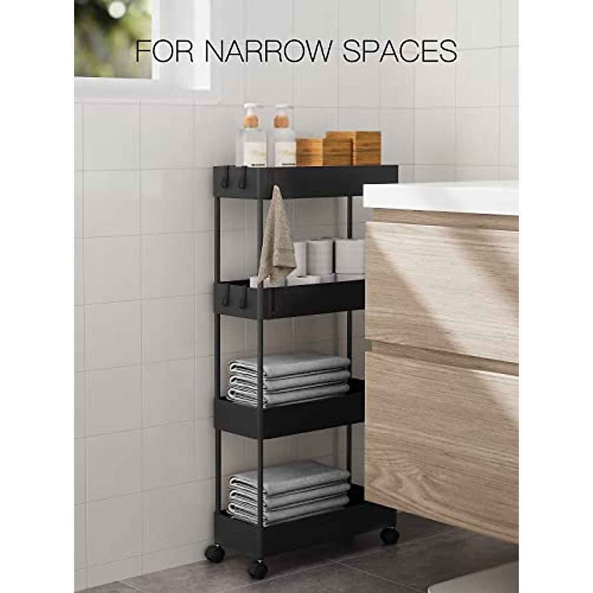 Pipishell Slim Storage Cart with Wheels, 4 Tier Bathroom Storage Organizer Rolling Utility Cart for Bathroom Kitchen Laundry Room Office Narrow Place (Black)