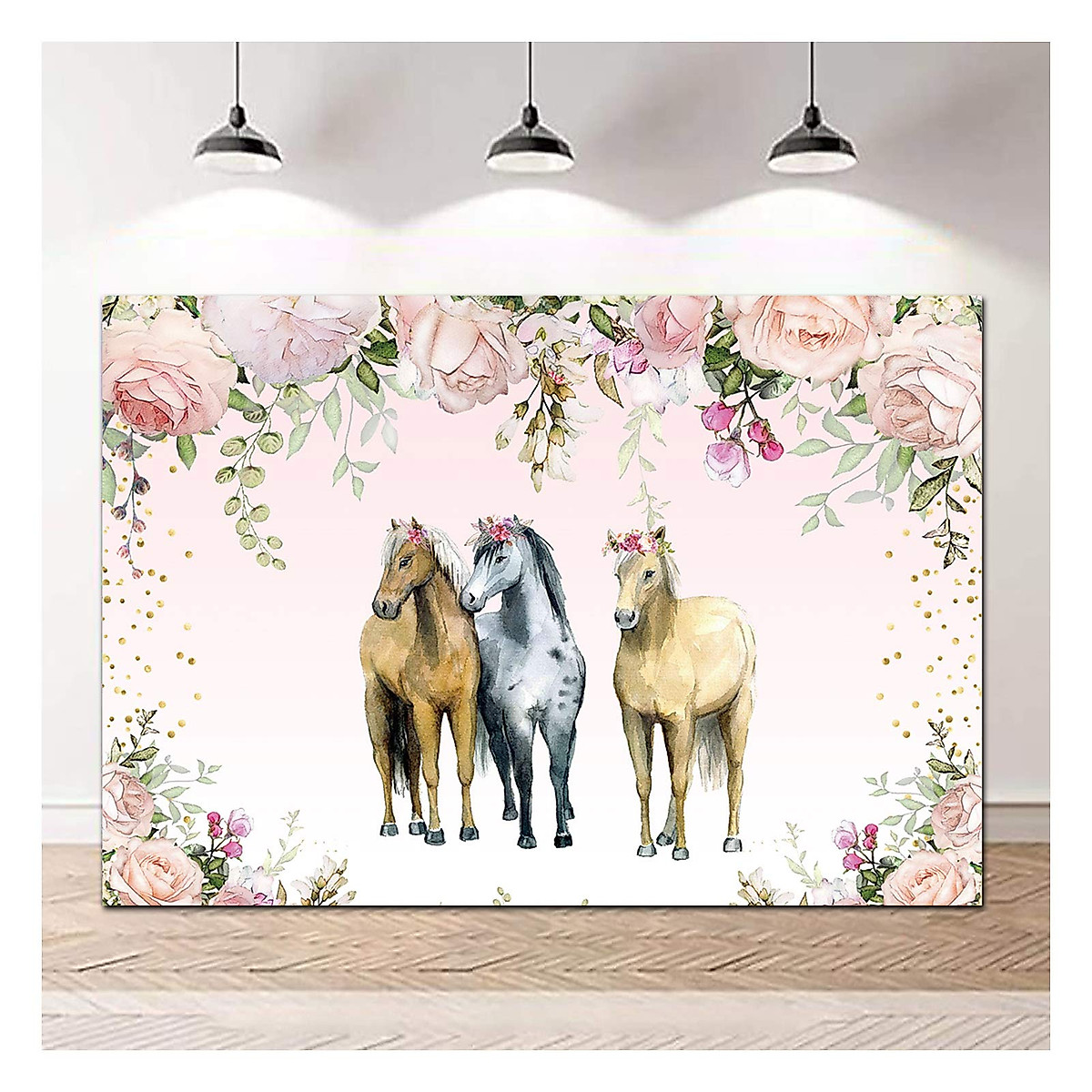 Pink Flower Countryside West Cowboy Cowgirl Horse Theme Photography Backdrop 5x3ft Children Boy or Princess Girl Birthday Photo Background Baby Shower Party Supplies Banner Cake Table Decor Vinyl