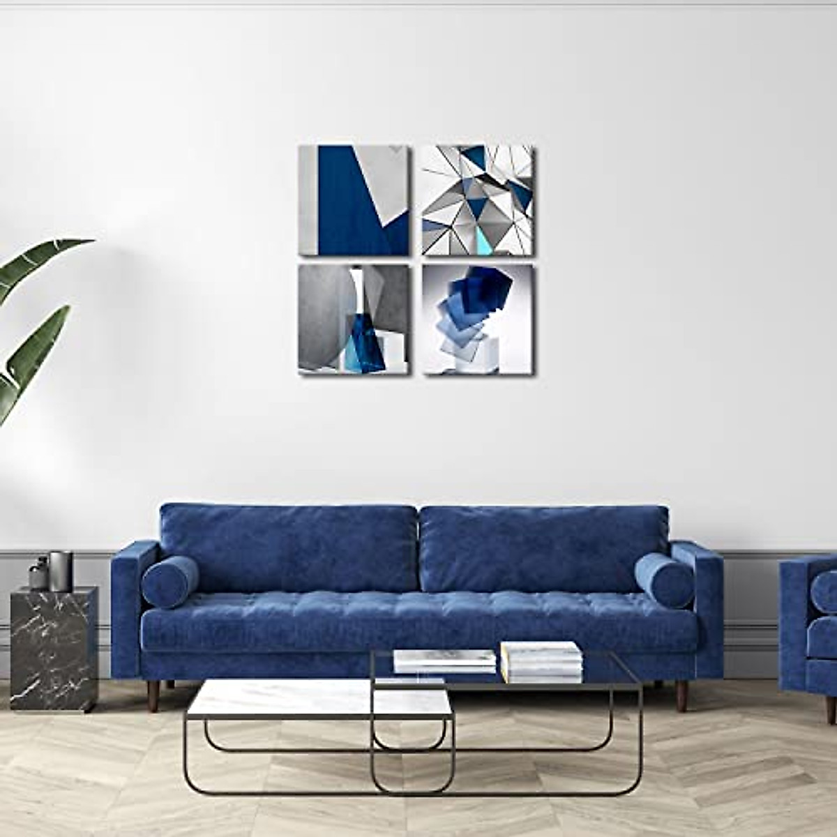 Oilpa Art Blue Abstract Wall Art Blue and White for Living Room Decor 12x12 Modern Gray Abstract 3D Geometric Canvas Print Picture Framed Artwork Bathroom Bedroom Home Decor 4 Pieces