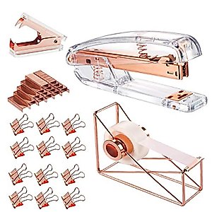Rose Gold Office Supplies Set - Stapler, Tape Dispenser, Staple Remover with 1000 Staples and 12 Binder Clips , Luxury Acrylic Rose Gold Desk Accessories & Decorations