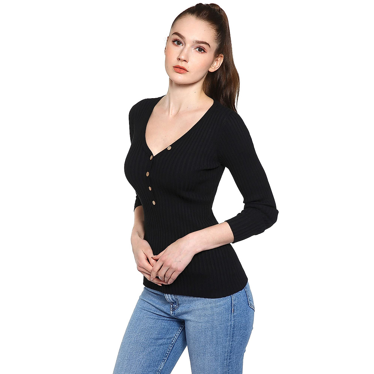 AmélieBoutik Women V Neck Henley Long Sleeve Pullover Ribbed Sweater (Black Medium)
