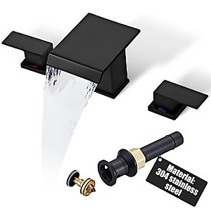 Sankecao Bathroom Sink Faucet Black - Bathroom Faucets for Sink 3 Hole Waterfall Bathroom Faucet with Metal Pop-up Sink Drain Stopper and 2 Supply Hoses…