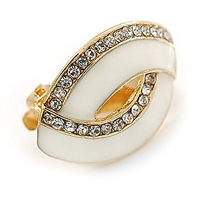 White Enamel Clear Crystal Oval Clip On Earrings In Gold Plaiting - 23mm L