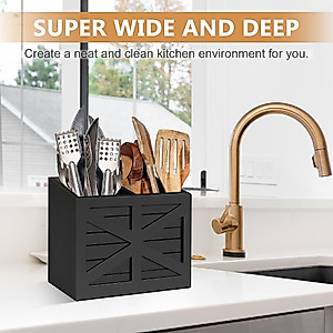 Uipame Wood Utensil Holder, Large Kitchen Utensil Holder for Countertop, Cooking Utensil Organizer for Flatware, Black Utensil Caddy with 2 Compartments, Rustic Utensils Organizer for Kitchen Counter