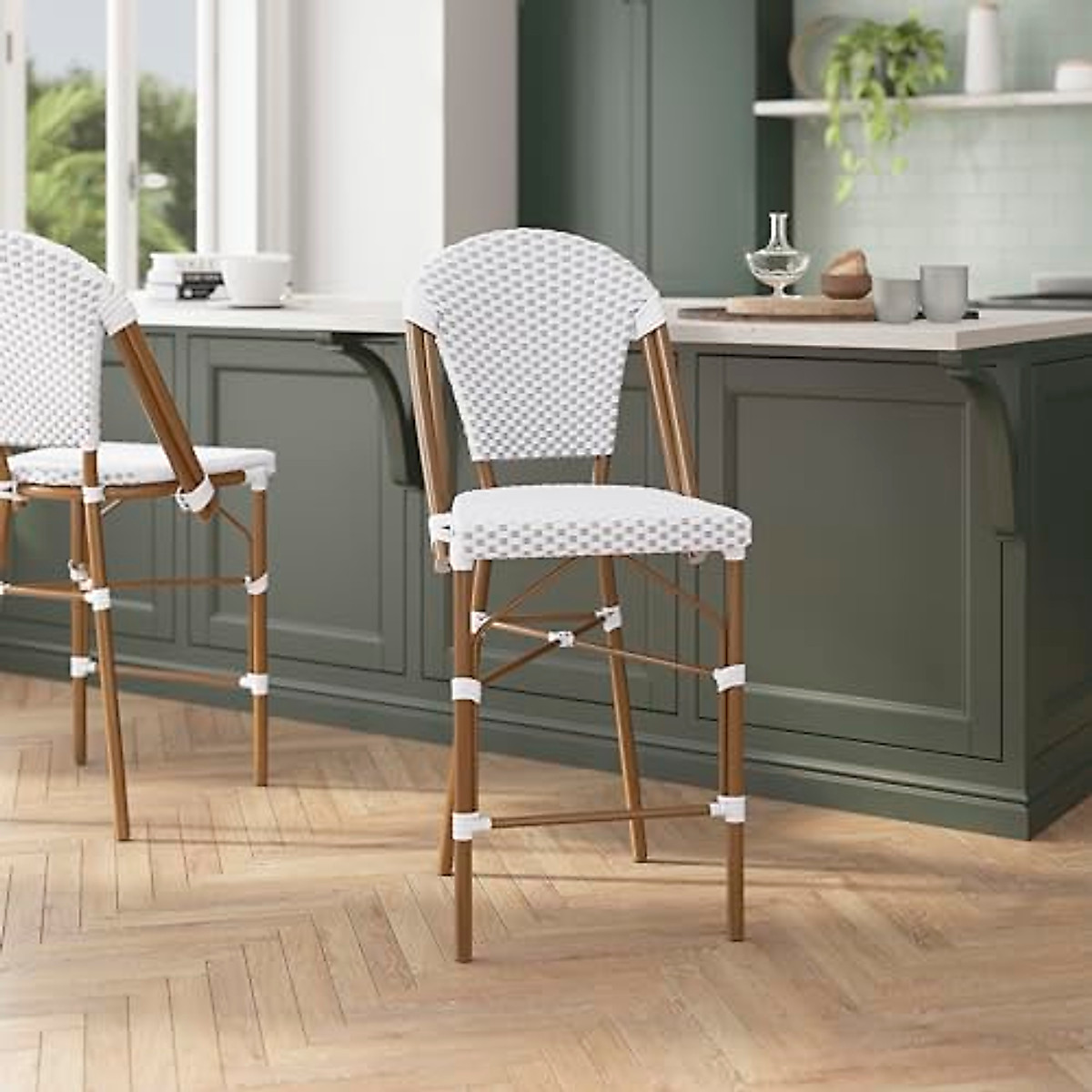 Flash Furniture Lourdes Commercial Grade Bistro Counter Height Stool, Stackable Indoor/Outdoor Dining Stool, 26" High, White/Gray and Bamboo Finish, Set of 2