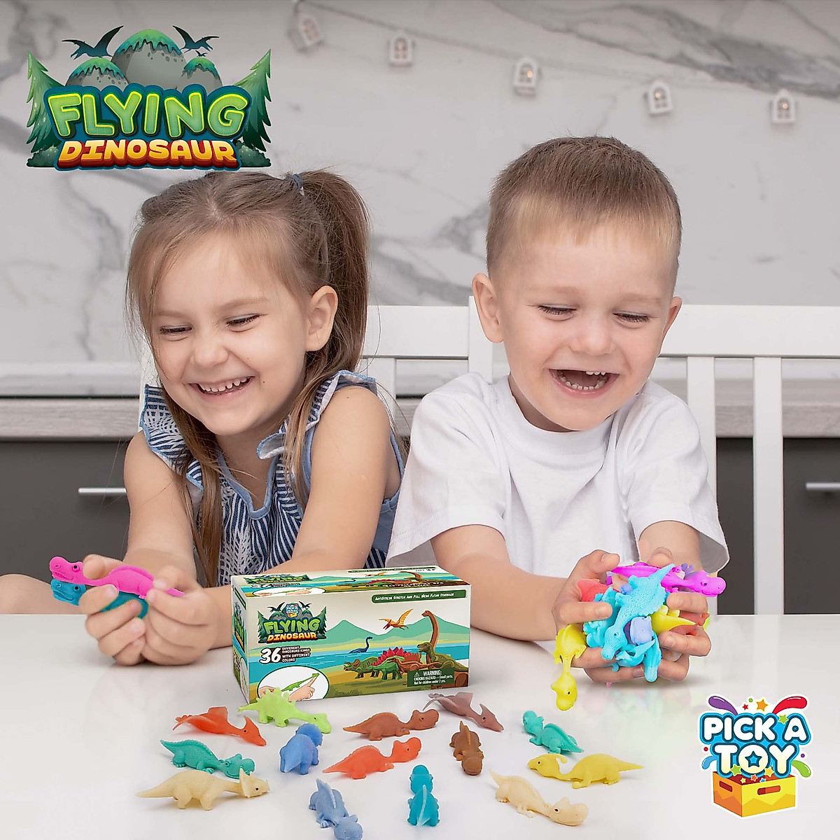 PICK A TOY Stretchy Slingshot Dinosaur Finger Toys, 36 Set Mini Rubber Dinosaurs Party Favors, Kids Prizes and Stocking Stuffer Toy, Finger Flingers Catapult Toys As Flying Chicken Slingshot