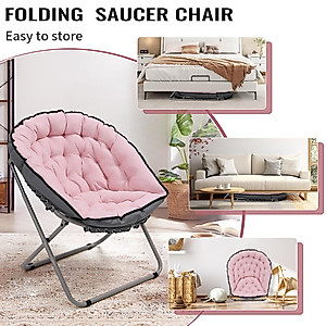 KROFEM Folding Saucer Chair for Living Room, Cozy Round Dish Circle Chair, Ideal for Bedroom, Small Spaces, Lounge, Dorm, Reading, Pink