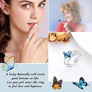 Plesitep Butterfly Ring Sterling Silver Adjustable Butterfly Ring Gift for Women Embellished with Blue Crystal from Austria (8)