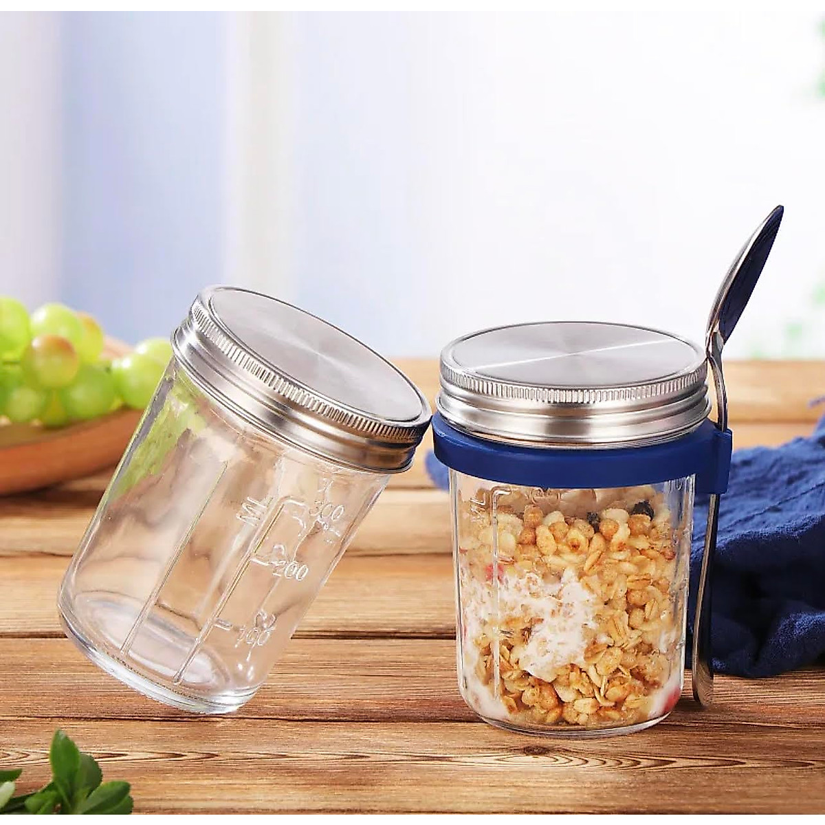 Overnight oatmeal jars - Overnight Oats Containers with Lids - Glass Jars for Overnight Oats - Set Of 2 - Jars with Lids - Mason Jars For Overnight Oats - Glass Jar With Lid And Spoon - Jars To Go