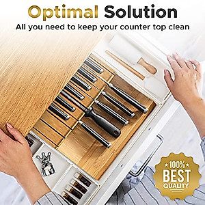 Kitchenero Knife Holder Extra Large 16.85x12.17" with Knife Sharpener Slot Premium Bamboo In-Drawer Knife Organizer Durable and Sustainable Updated Design Fits Most Standard Drawers