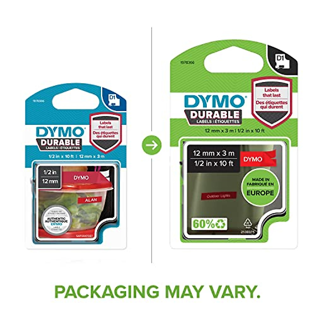 DYMO D1 Durable Labeling Tape for LabelManager Label Makers, White Print on Red Tape, 1/2" W x 10' L, 1 Cartridge (1978366), DYMO Authentic