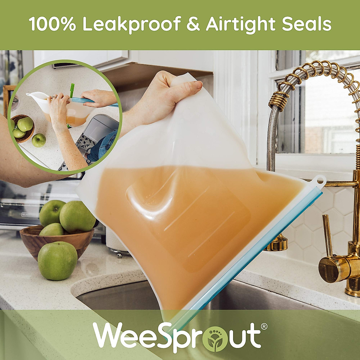 WeeSprout Silicone Reusable Food Storage Bags - Leakproof & Airtight Freezer Bags (Two 16 Cup Bags), Freezer & Microwave Friendly, Freeze Leftovers, Marinate Meat, Store Dry Goods, Bonus Bag Stand