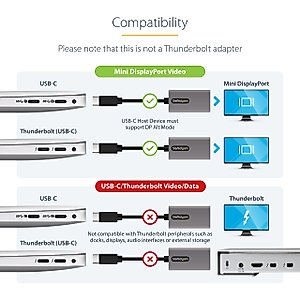 StarTech.com USB C to Mini DisplayPort Adapter, 4K 60Hz USB Type C to mDP/Mini DP Monitor Video Converter Dongle, Thunderbolt 3 Compatible, 12" Attached Cable, Upgraded Version of CDP2MDP (CDP2MDPEC)