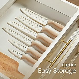 CAROTE 12PCS Knife set with Blade Guards,Granite Nonstick Ceramic Coating,Stainless Steel blade, Wooden Handle, Essential knife set,White