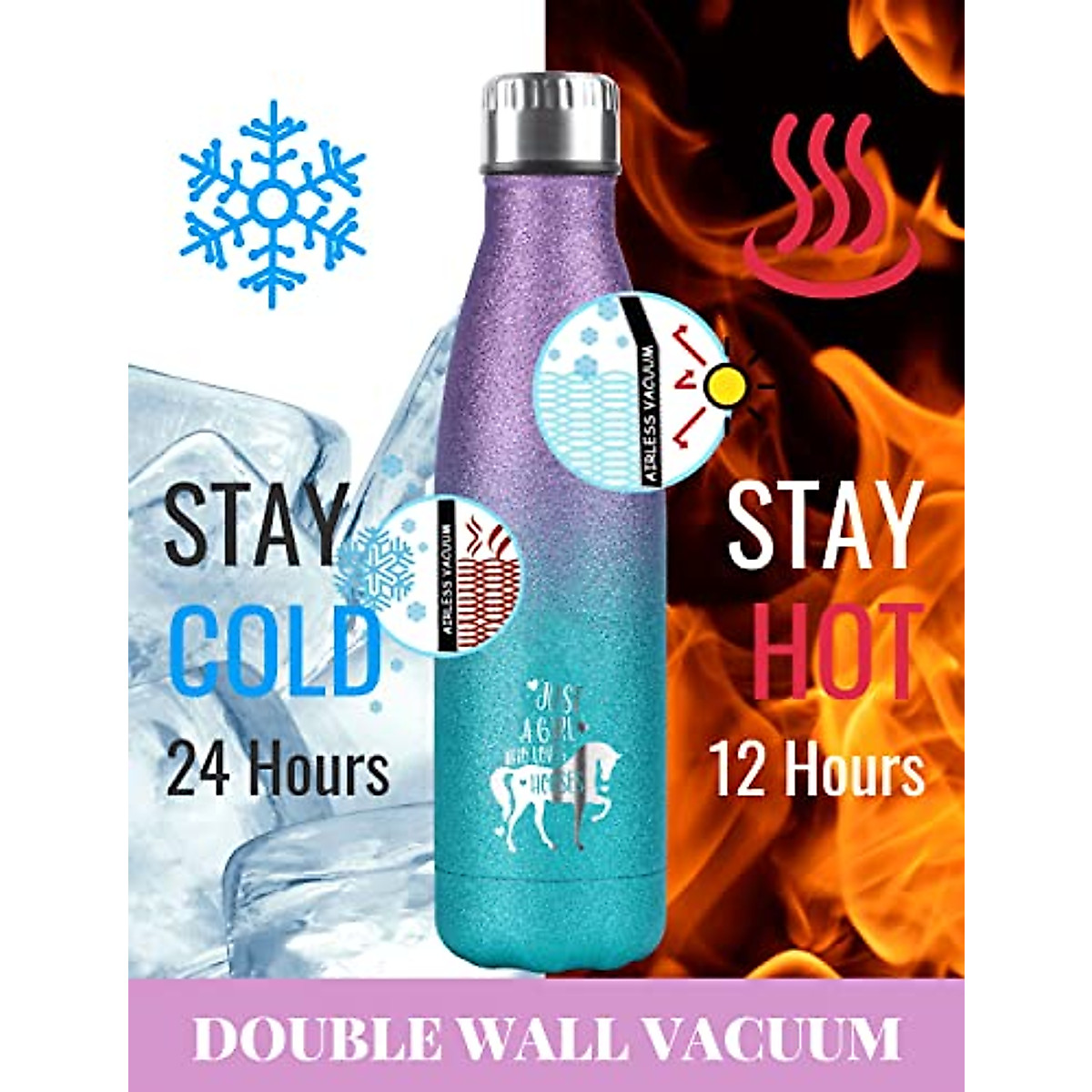 Onebttl Horse Bottle for Girls, Women, Insulated Stainless Steel Water Bottle, for Equestrian, Horse Lovers, Cowgirls, Perfect for Birthday, Back to School, Violet-Blue Gradient Glitter