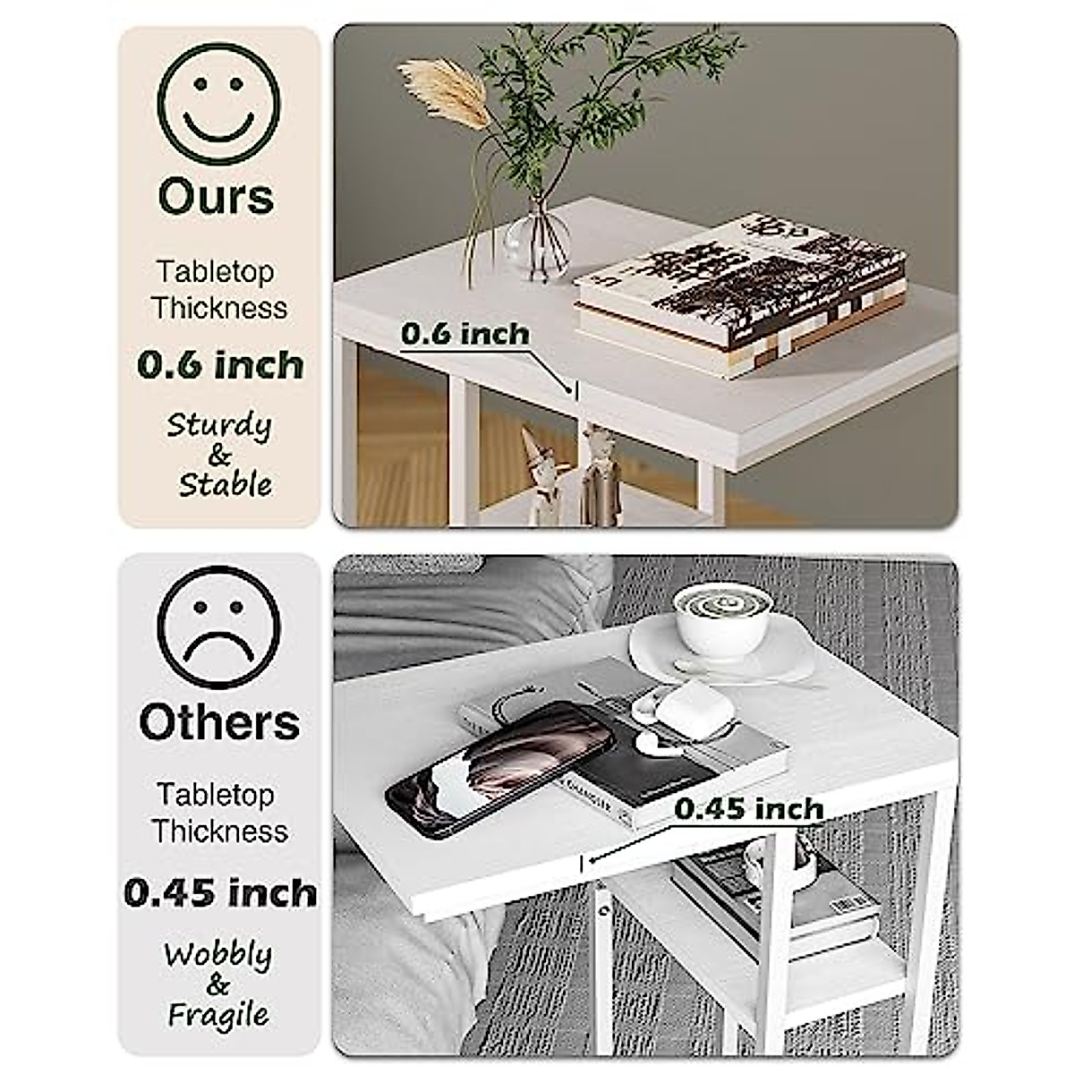 Innerjoin C Shaped End Table, Side Table with Metal Frame, TV Tray Table for Couch, Sofa Table for Living Room Bedroom, Bedside, Rustic Vintage Style, White