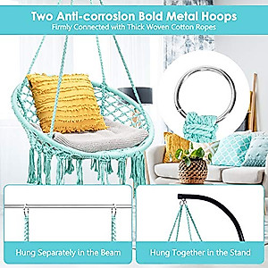 Tangkula Hanging Hammock Chair, Macrame Swing Chair with Tassels and Heavy-Duty Hanging Rings, Bohemian Style Handmade Cotton Rope Swing for Indoor Outdoor, Ideal for Bedroom, Patio, Yard, Garden