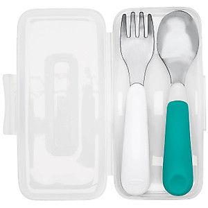 OXO Tot On-The-Go Fork And Spoon Set, Stainless Steel, TPR, Plastic - Teal