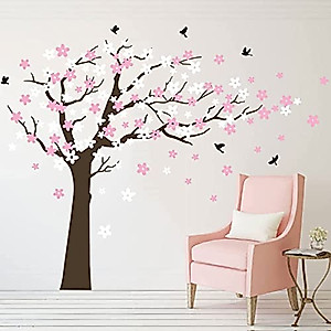 Large Cherry Blossom Tree Blowing in The Wind Tree Wall Decals Wall Sticker Vinyl Wall Art Kids Rooms Teen Girls Boys Wallpaper Wall Stickers Room Decor (Dark Brown Tree,White and Pink Flower)