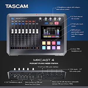 Tascam Mixcast 4 S Podcast Studio Mixer Station with Built-in Recorder/USB Audio Interface, 8 Sound-effect, Records 14 Tracks, comes w/ Deluxe 4S Accessories Bundle
