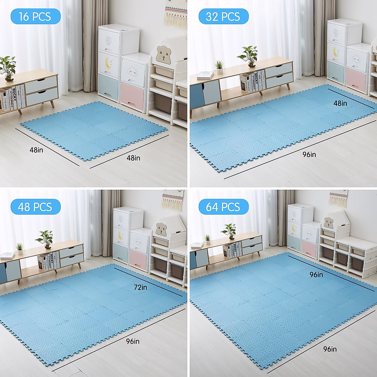 Coolcandy EVA Foam Play Mat, 16 Tiles Colorful Baby Play Mat, Square Kids Playmat with Solid Colored, 0.4" Thickened Interlocking Foam Floor Tiles, Puzzle Play Mat For Baby Lying, Playing (Light Blue)