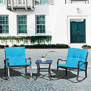 domi outdoor living 3 Pieces Bistro Set Outdoor Rocking Chairs All Weather Patio Wicker Furniture Set with Thickened Cushion and Glass Top Coffee Table for Yard,Bistro (Blue)