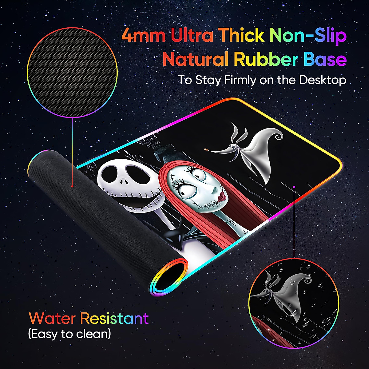 OIDOJHID RGB Skull Mouse Pad,Nightmare Before Christmas Large Gaming Mousepad with 14 Lighting Modes,Non-Slip Computer Keyboard Desk Mat,31.5×11.8 inches (A)