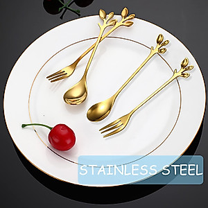 12 Pieces Stainless Steel Gold Leaf Coffee Spoon, findTop Spoons Fruit Forks Stainless Steel Mini Creative Tableware for Sugar Cake Ice Cream Tea Stirring Mixing Tea Spoon and Fork Set (Gold)