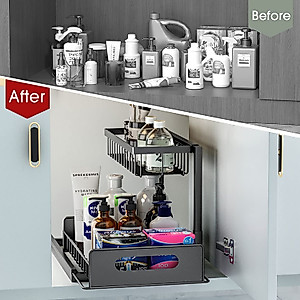 Under The Sink 2-Tier Sliding Organizer - Kitchen And Bathroom Cabinet Storage- Sturdy L-Shaped, Pull Out Shelf - Ideal for Kitchen, Bathroom, Cabinet, and Countertop - Black Metal