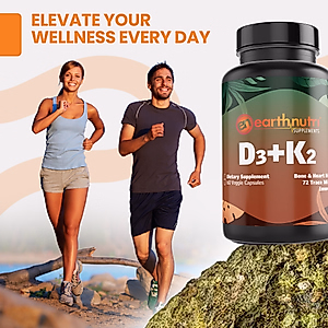 EarthNutri Vitamin D3 K2 Supplement 5000 IU – Includes K2 from MENA Q7, D3 from Vitashine, Calcium from Aquamin & 72 Trace Minerals – for Immune, Bone & Heart Health – Non-GMO – 60 Veg Capsules