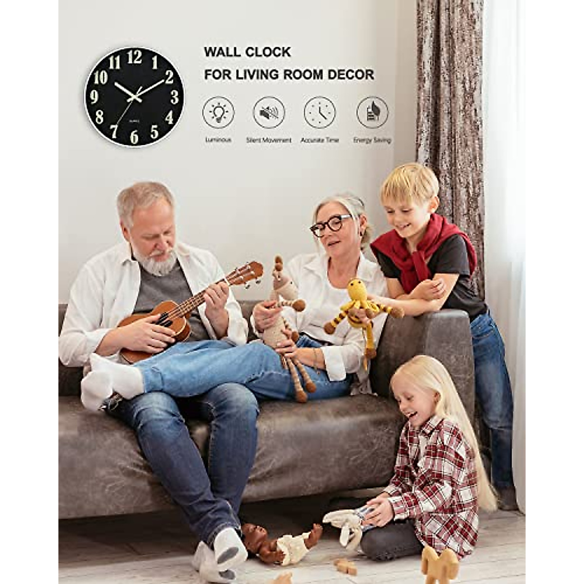 JoFomp Modern Night Light Wall Clock, 12 Inch Silent Non-Ticking Quartz Wall Clocks, Large Luminous Function Numbers and Hands, Battery Operated Decorative Wall Clock for Living Room, Office, Kitchen