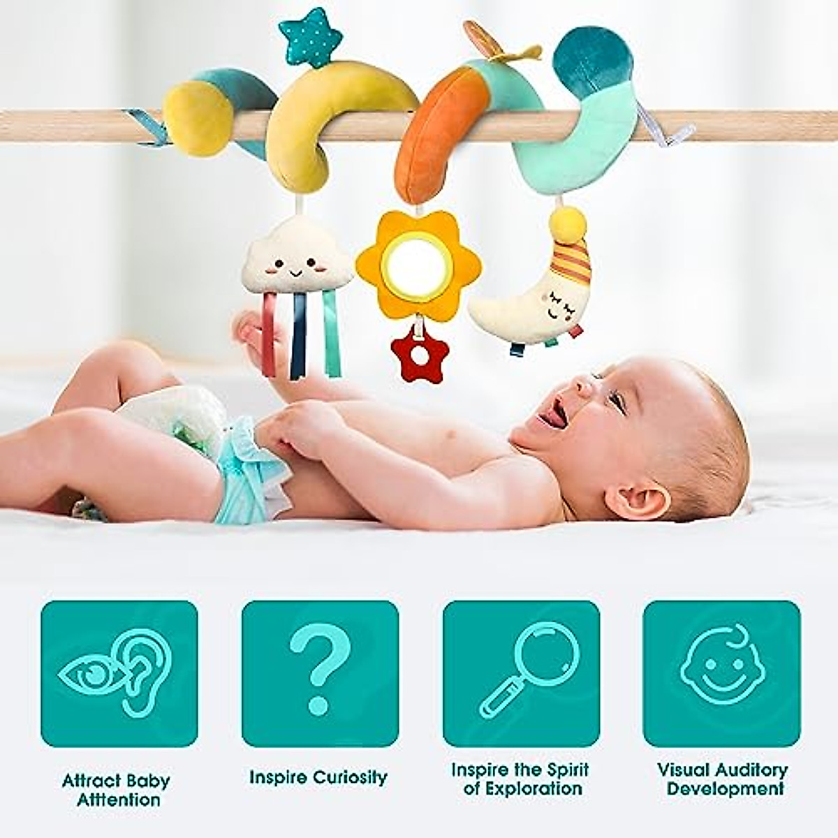 Elsonap Car Seat Toys Stroller Toys Newborn Toys Baby Toys 0-6 Months, Infant Toys 0-6 Months Baby Toys 3-6 Months for Mobile Crib Bassinet with Squeak Mirror Teether for 0 3 6 9 12 Boys Girls Babies