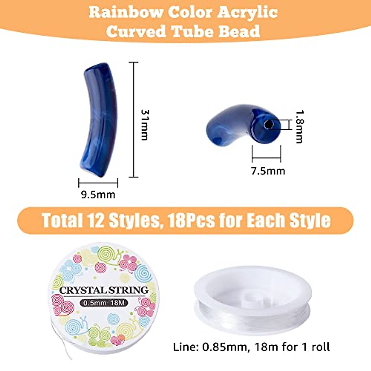 DICOSMETIC 216Pcs 12 Colors Acrylic Imitation Gemstone Bead Curved Long Spacer Connector Curved Chunky Bracelet Bead with 18m Elastic Thread Tube Bangle Bracelets for Women Jewelry DIY Making