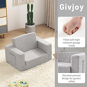 Givjoy Toddler Chair Sherpa Kids Couch, 2-in-1 Toddler Soft Kids Sofa Toddler Lounger Chair for Bedroom, Convertible Toddler Couch for Girls and Boys, Reading Chair for Kids, Grey