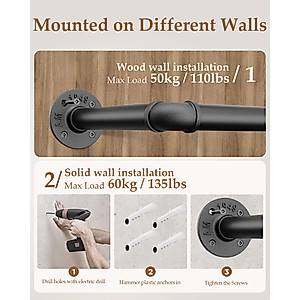 Bodato Industrial Clothing Rack 38.4'' for Wall 2 Pack, Heavy Duty Pipe Clothes Rack Wall Mounted for Hanging Clothes Garment, Closet Rod Hanging Bar for Walk-in Closet