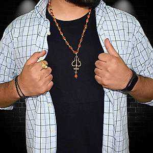 Imagine Stores Imagine Mart Men's And Women's Agate Golden Gold-Plated Brass, Wood Lord Shiv Trishul Locket With Panchmukhi Rudraksha Mala, Stainless Steel