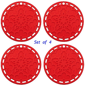 Silicone Hot Pads (Set of 4) - 6 in 1 Multi-Purpose Kitchen Tool, Pot Holder, Splatter Guard, Microwave Cover, Jar Opener, Decorative Trivet, Red, 8 Inches. Includes 121 Cooking Secrets Ebook