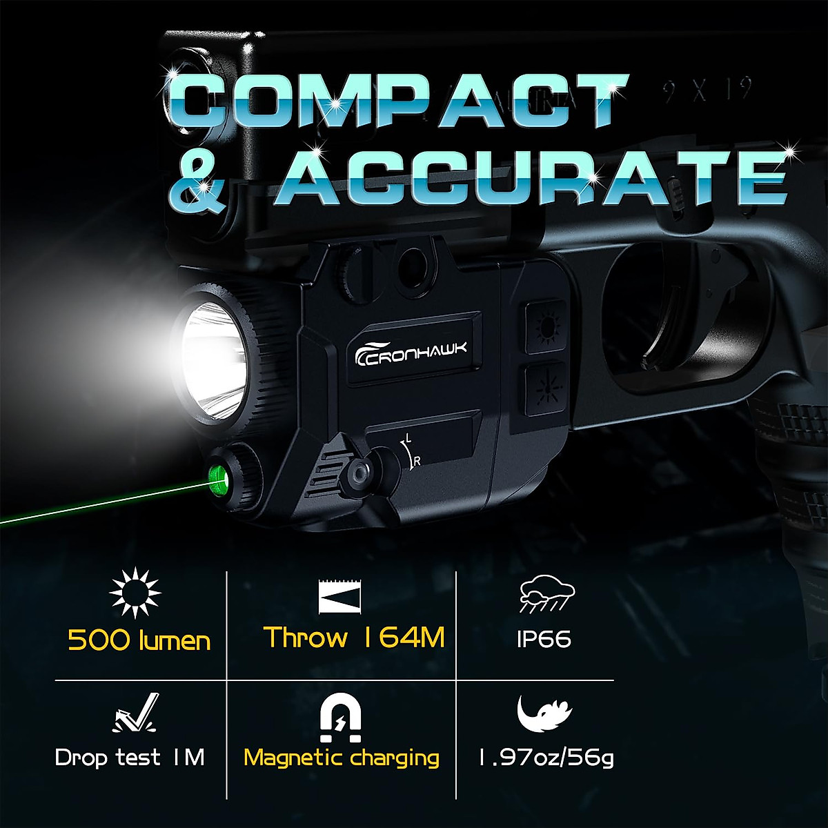 CRONHAWK 500 Lumens Tactical Weapon Flashlights Laser Sight - Rail-Mounted Light and Green Laser Light Combo for Pistol with Picatinny Rail and GL Rails - Magnetic Charging Port
